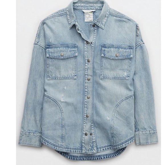 aerie | Tops | Offline By Aerie Med Wash Distressed Denim Shacket Euc ...